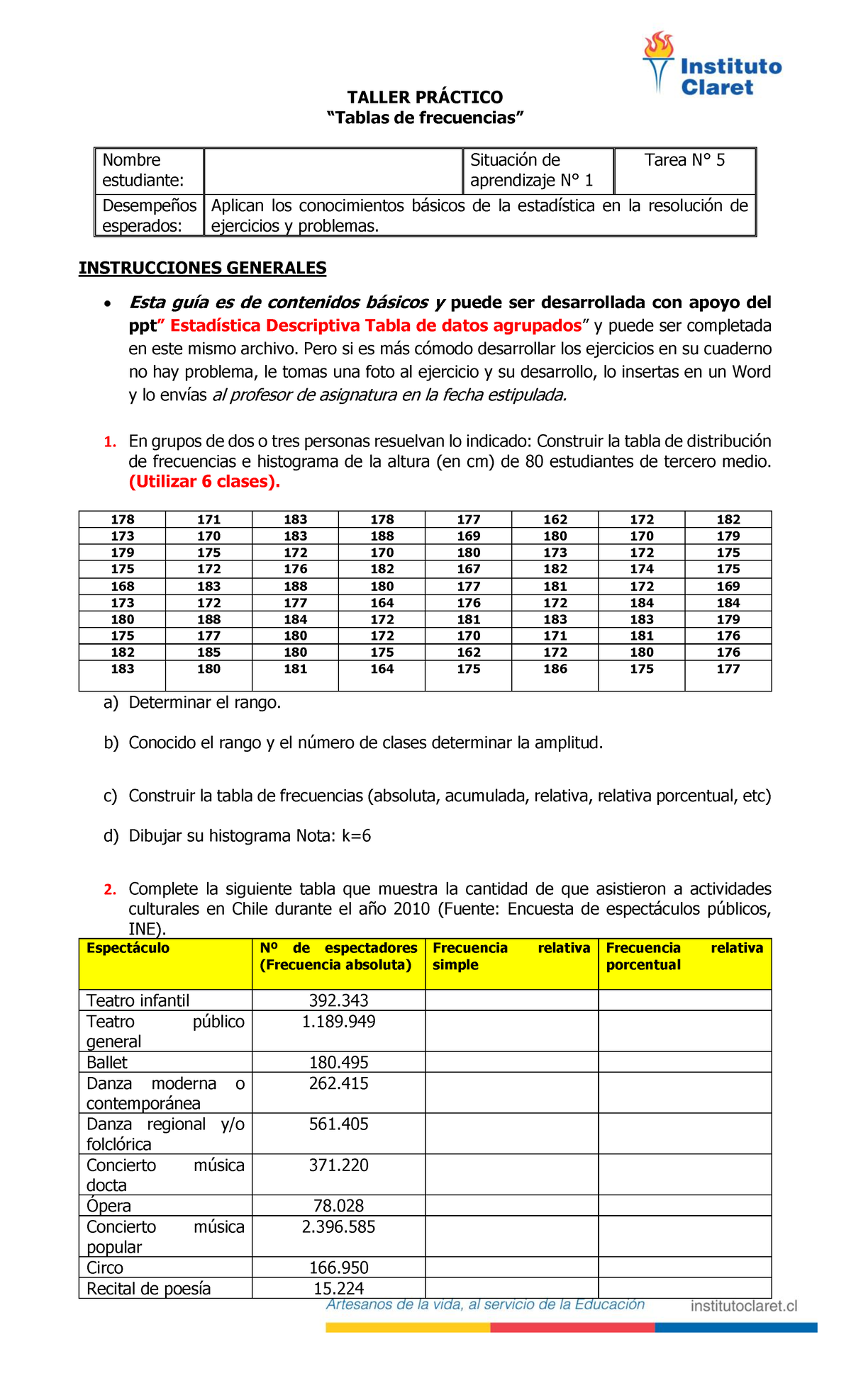 Taller práctico Tablas de frecuencia de datos agrupados - TALLER ...
