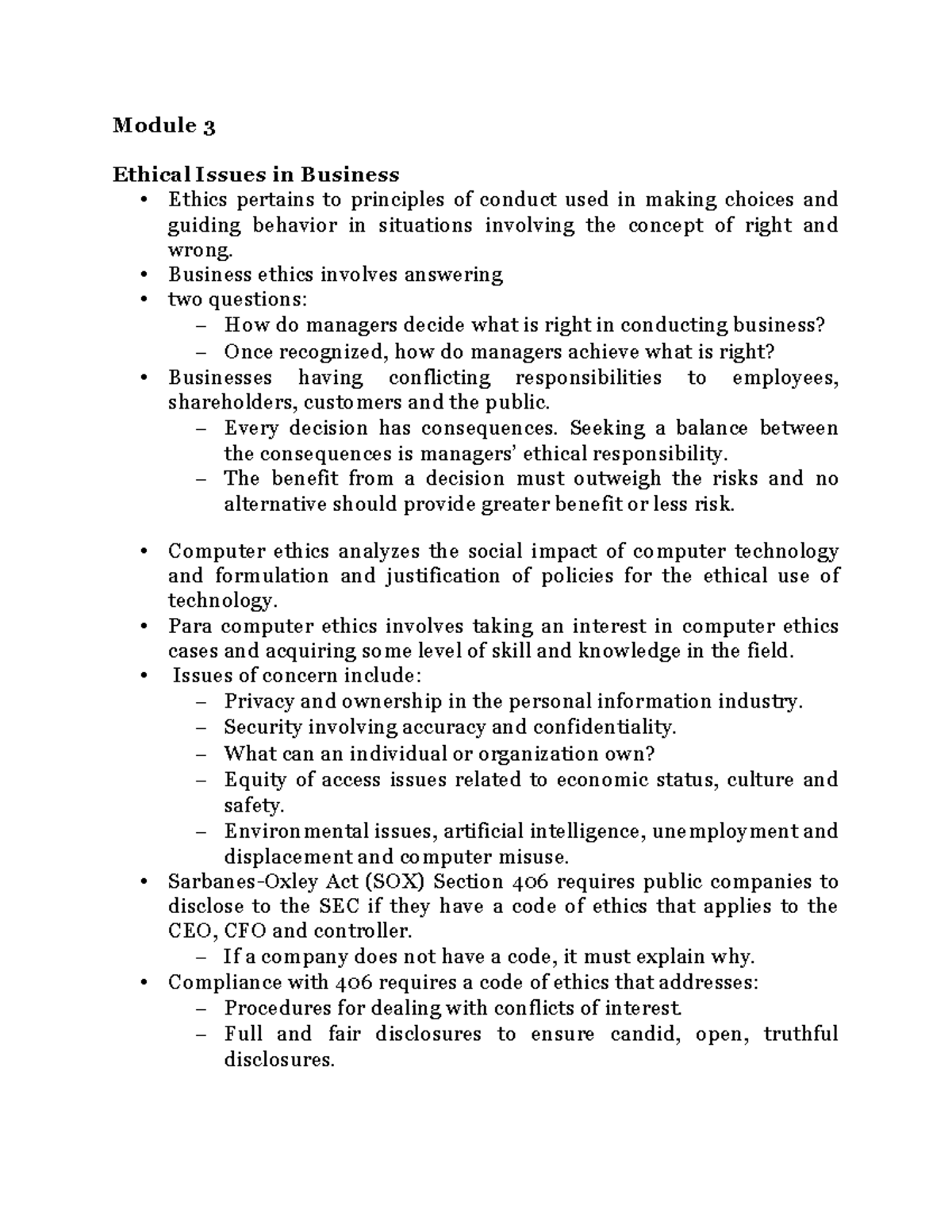Module 3 Summary - Module 3 Ethical Issues in Business - Ethics ...