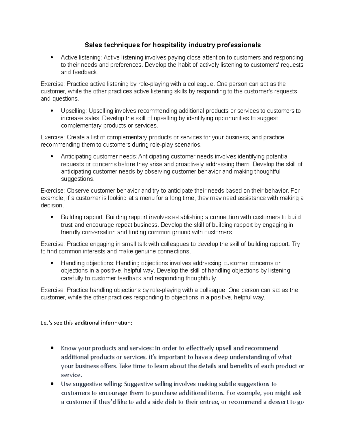 Sales techniques for hospitality industry professionals - Develop the ...