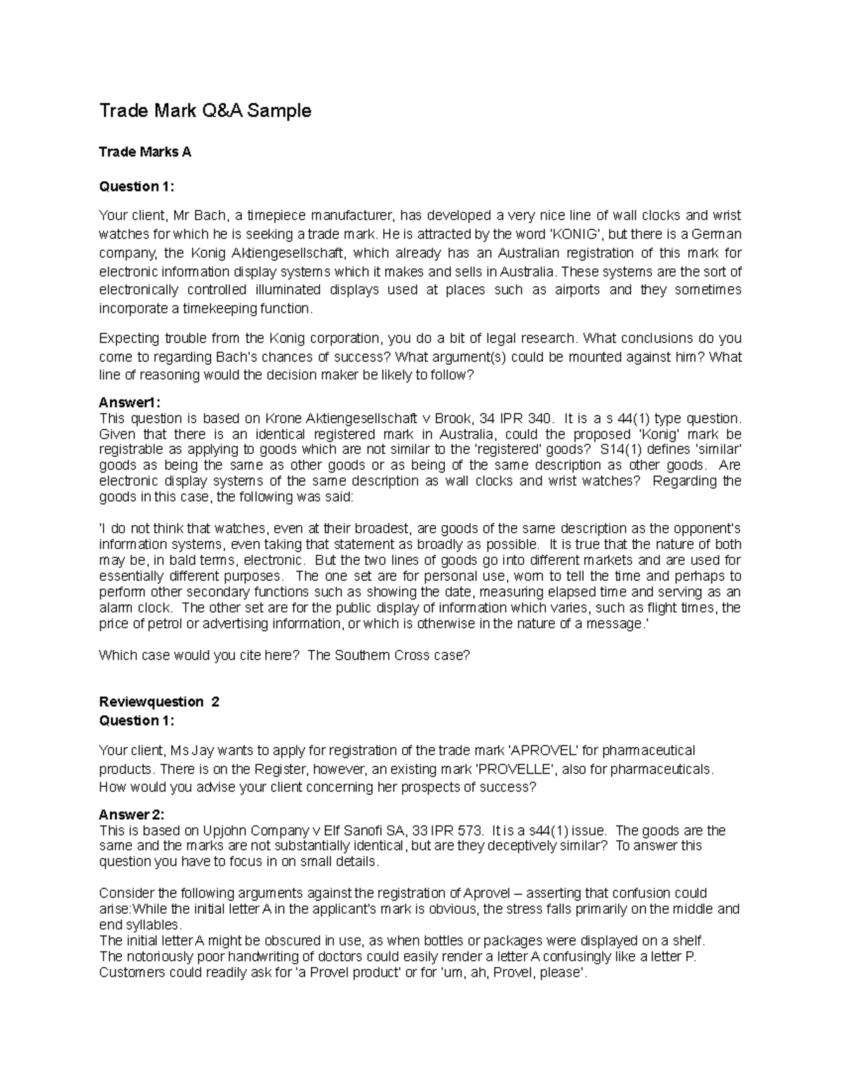 Trade Mark Sample Trade Marks A Question 1: Your client Mr Bach a ...