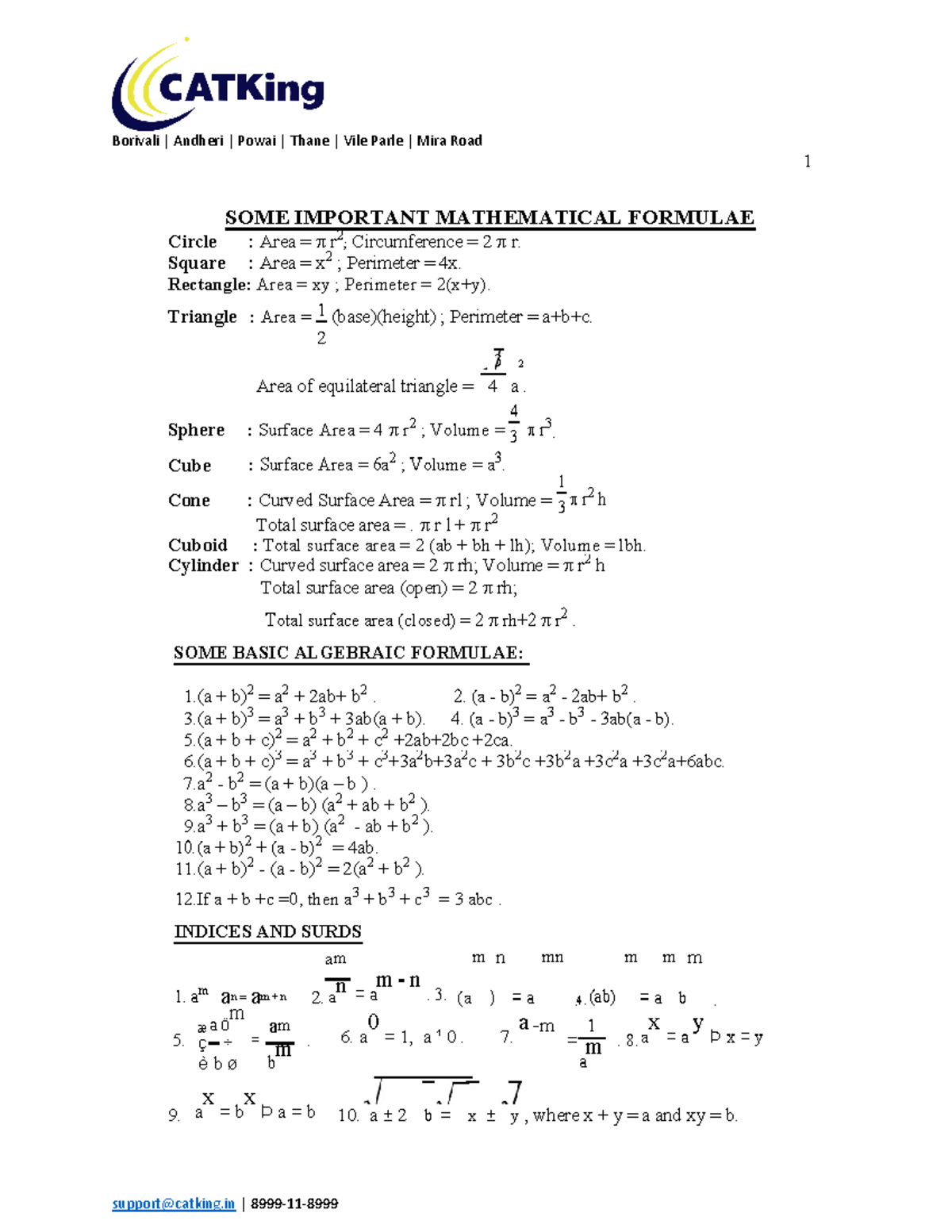 Free Math Formulae CAT Exam - 1 SOME IMPORTANT MATHEMATICAL FORMULAE ...