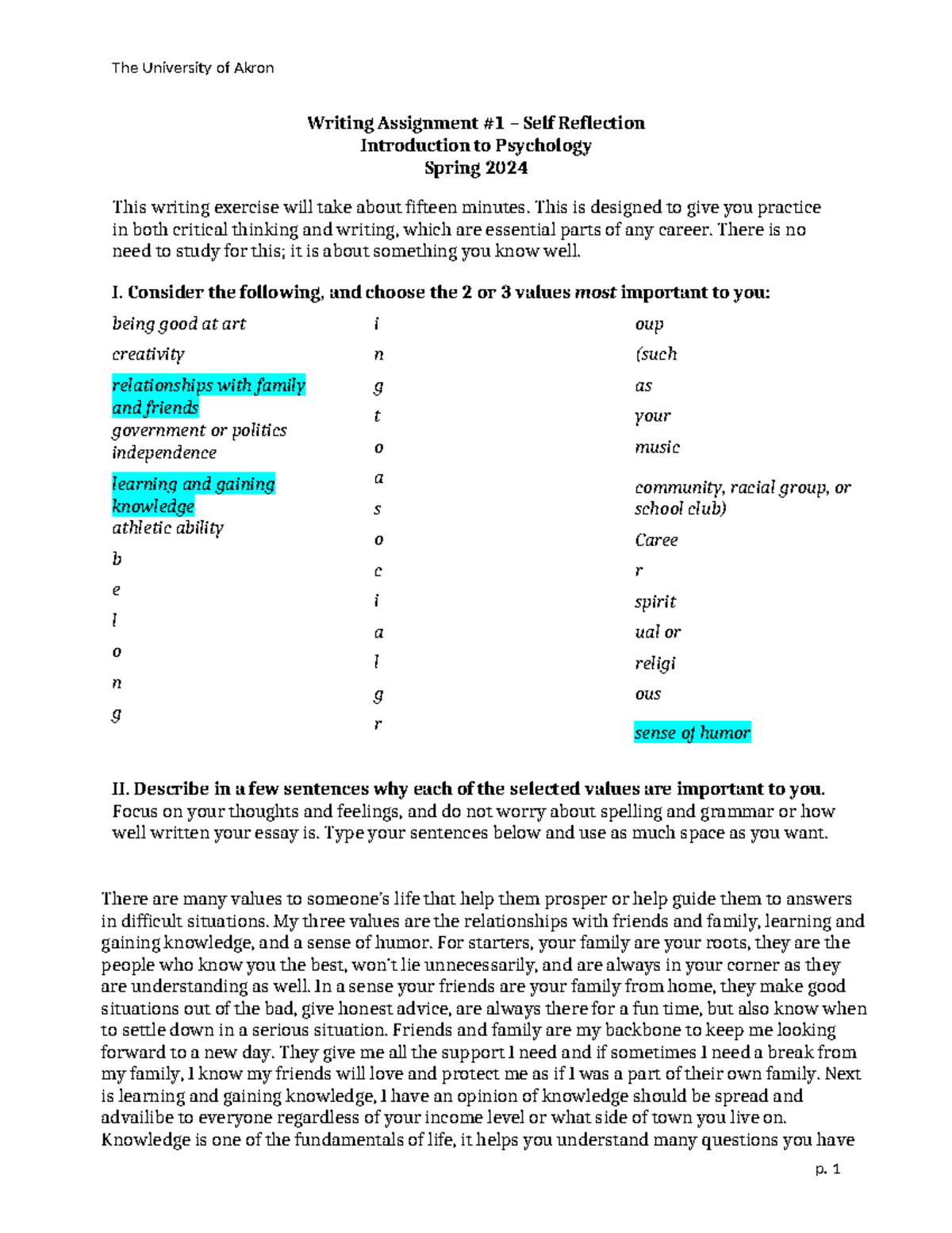 Writing Assignment #1 Spring 2024 - Writing Assignment #1 – Self Reflection Introduction to ...