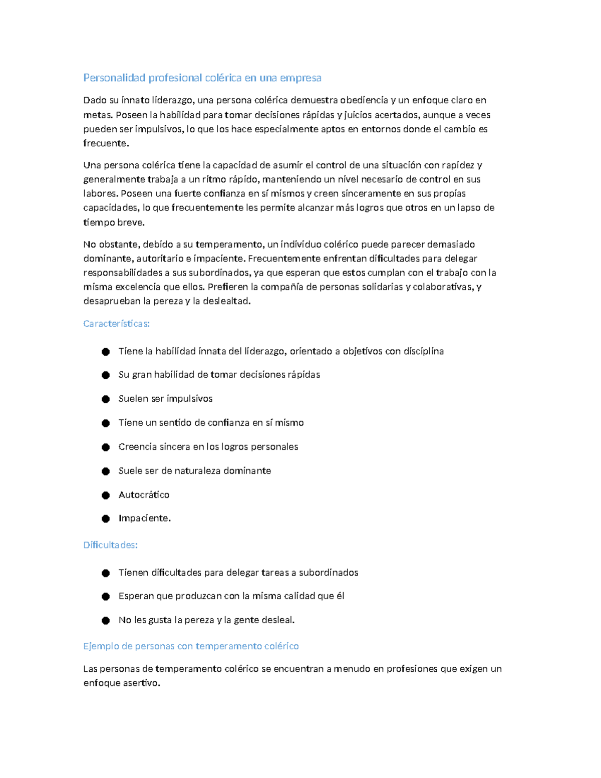 Personalidad profesional colérica en una empresaetelespiritu ...