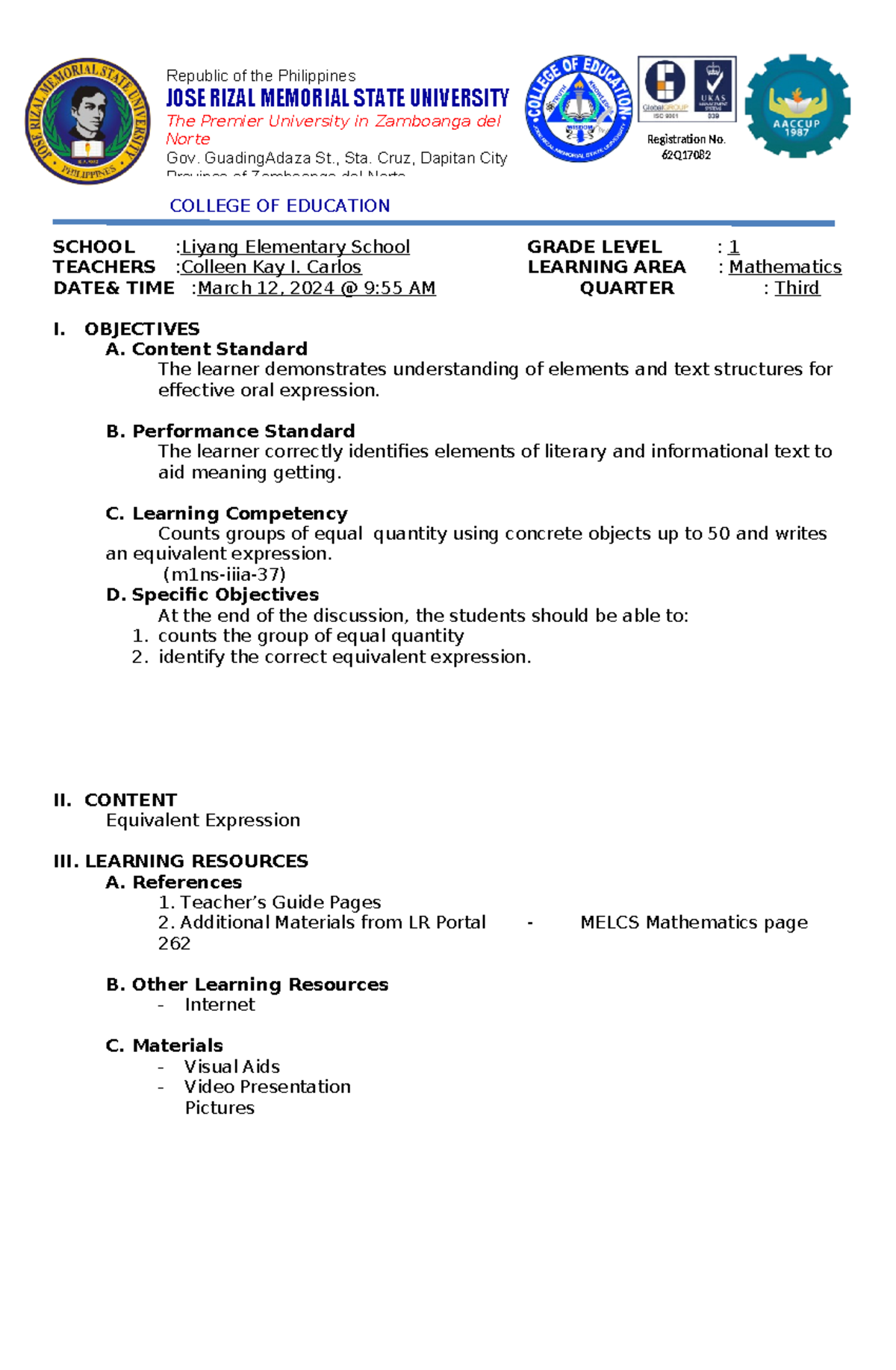 MAth LP - demo tuesday - COLLEGE OF EDUCATION SCHOOL :Liyang Elementary ...