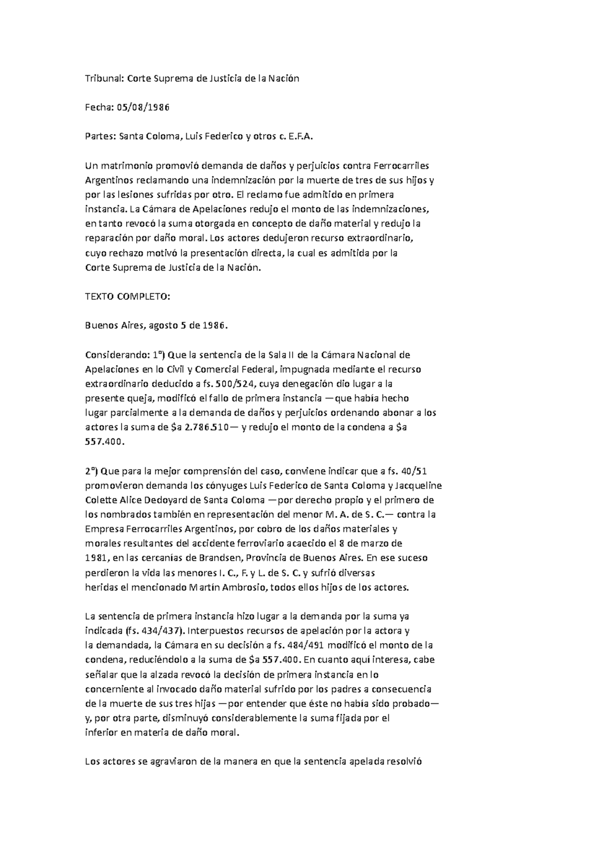 Santa Coloma - Fallo - Tribunal: Corte Suprema de Justicia de la Nación ...