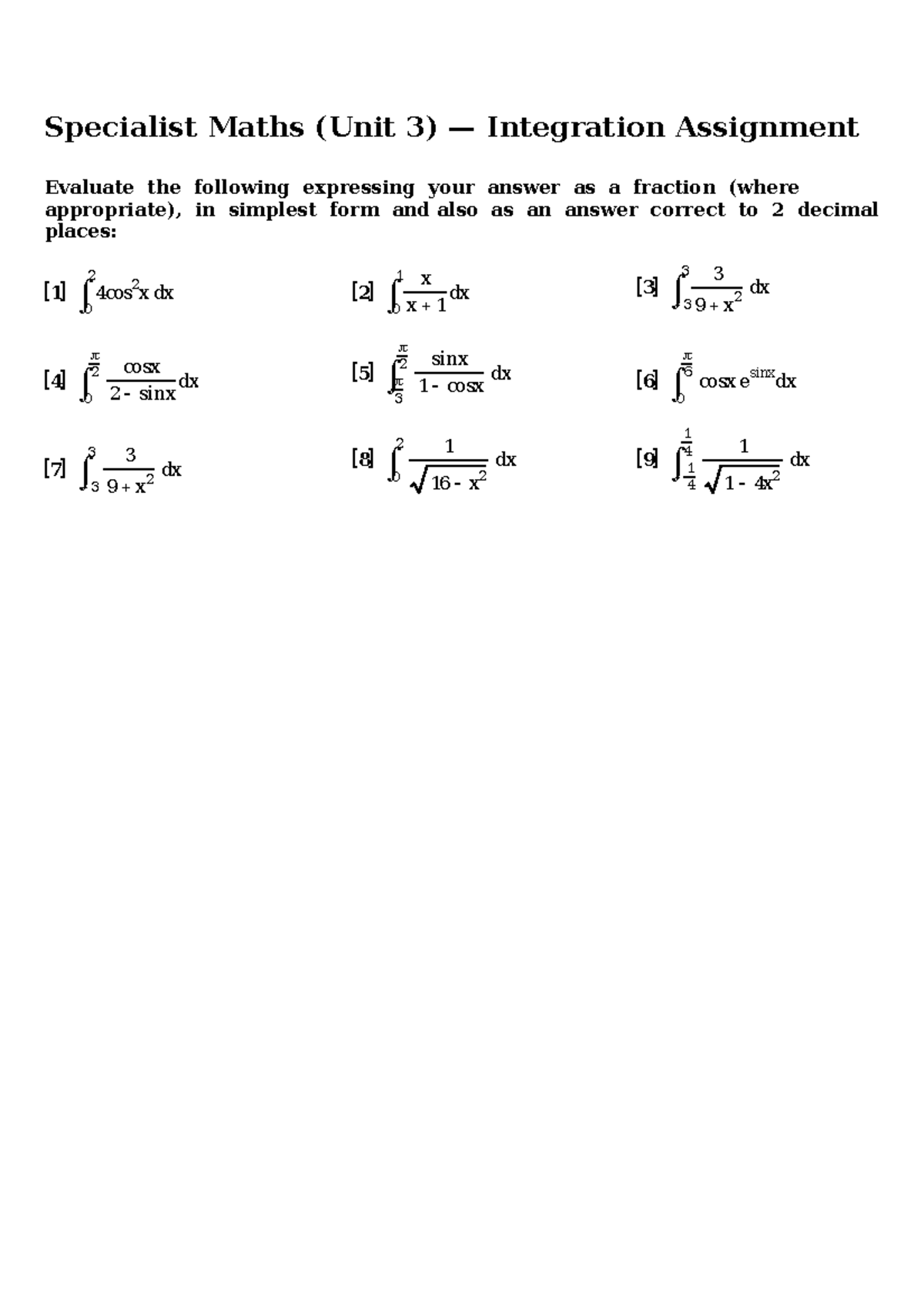 INtegration assignment - Specialist Maths (Unit 3) — Integration ...