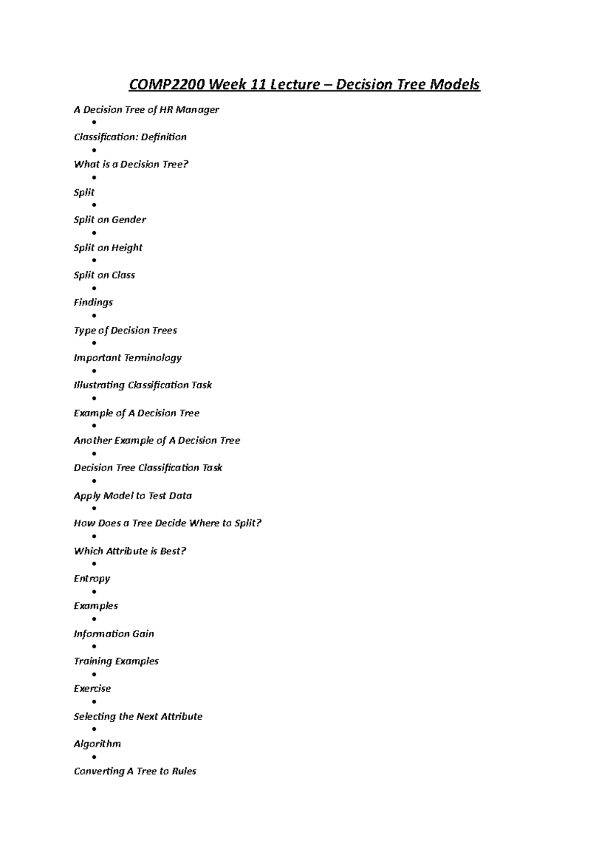 COMP2200 Week 11 - Decision Tree Models - COMP2200 Week 11 Lecture ...