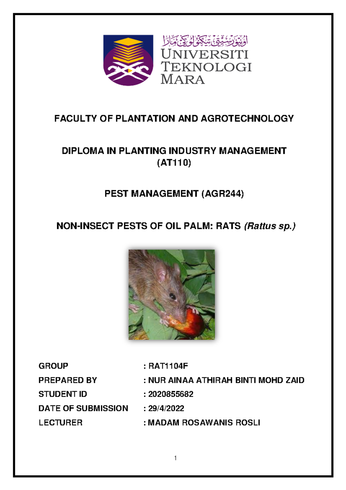 AGR244 PEST Management - FACULTY OF PLANTATION AND AGROTECHNOLOGY ...