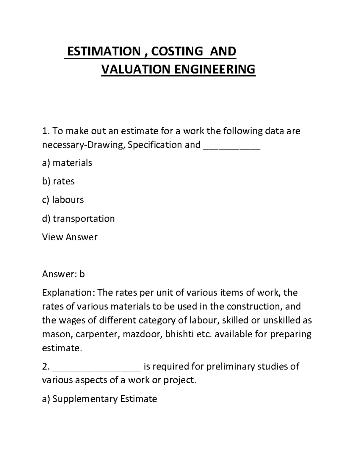 1 Estimation, costing and valuation engineering important multiple ...