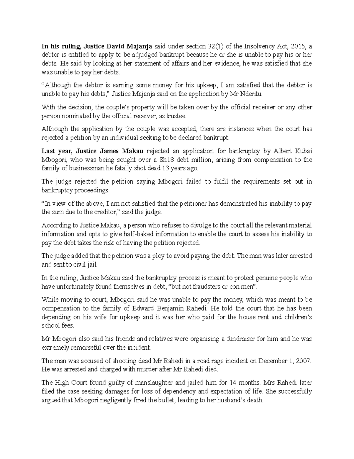 Judgement - Check it - In his ruling, Justice David Majanja said under ...