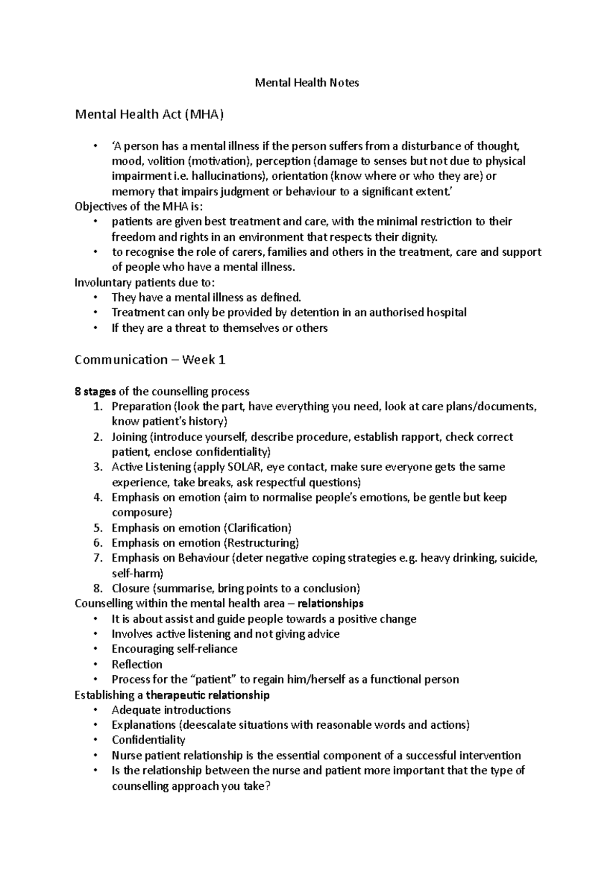 Mental Health Notes - Mental Health Notes Mental Health Act (MHA) ‘A ...