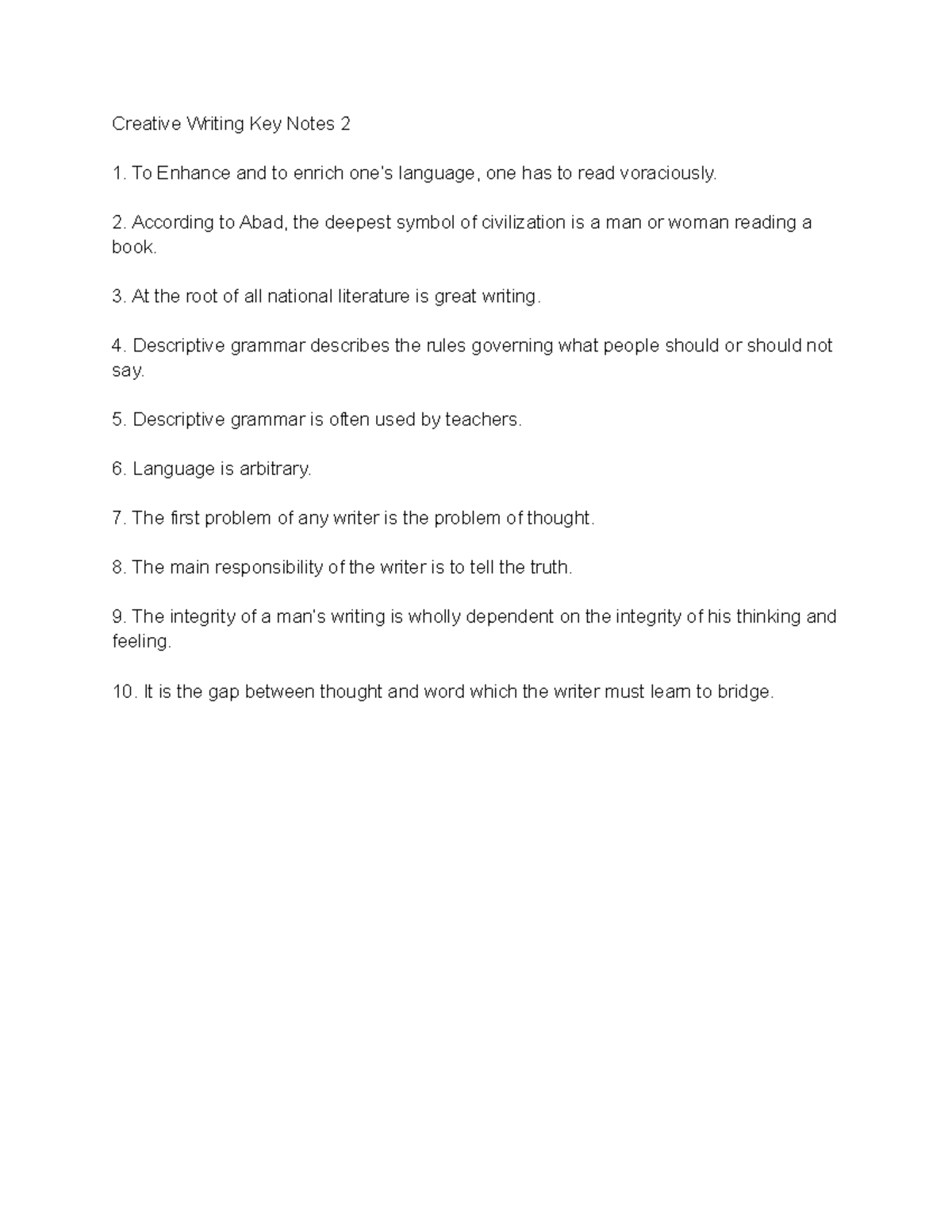 Creative Writing Key Notes 2 - According to Abad, the deepest symbol of ...