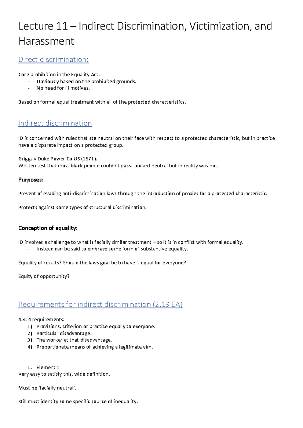 Indirect Discrimination, Victimization, and Harassment Lecture 11 notes ...