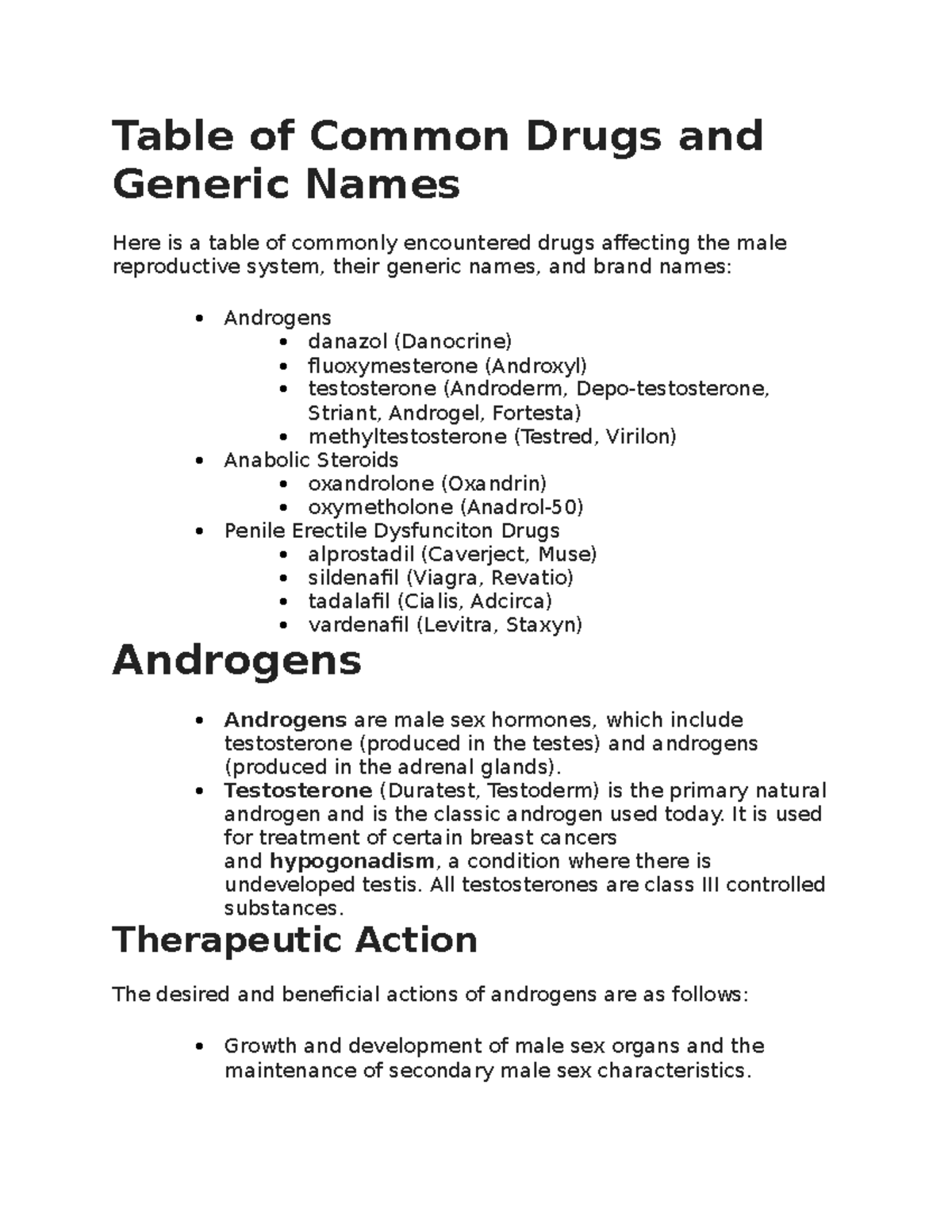 Male reproductive system drugs - Table of Common Drugs and Generic ...