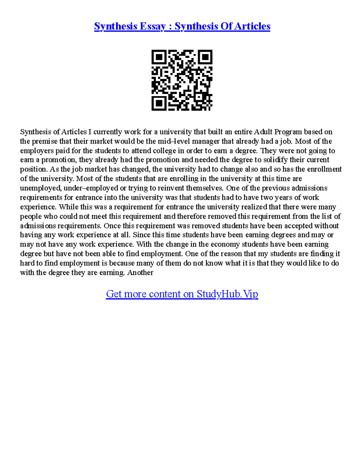 Sample Of Synthesis Essay - Synthesis Essay : Synthesis Of Articles ...