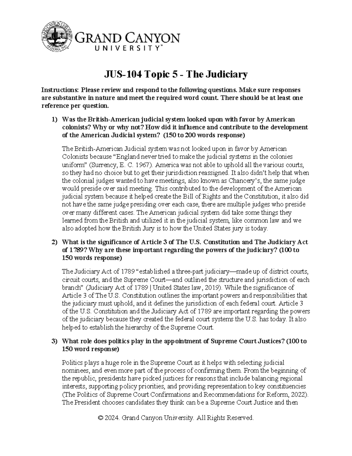 JUS-104 T5 Judiciary Worksheet - JUS-104 Topic 5 - The Judiciary ...