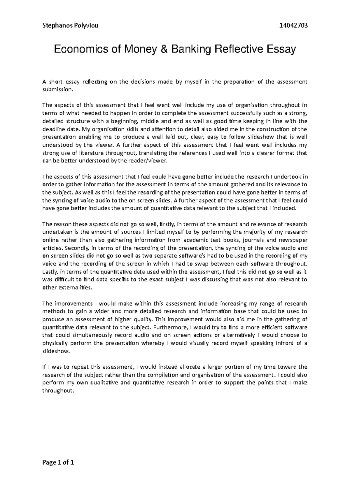 Reflective Essay - 68/10 - Stephanos Polyviou 14042703 Economics of ...