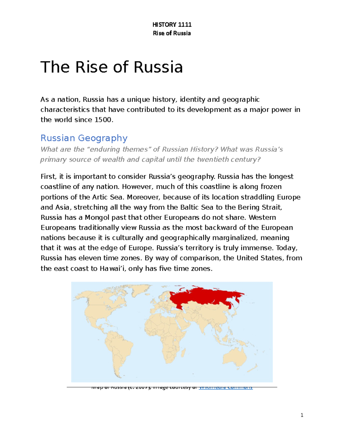 HIST 1111 - Rise of Russia - Rise of Russia The Rise of Russia As a ...