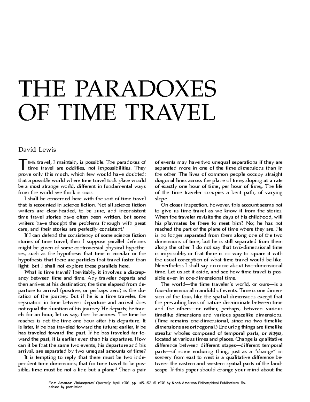 Paradoxes of Time Travel - From American Philosophical Quarterly, April ...