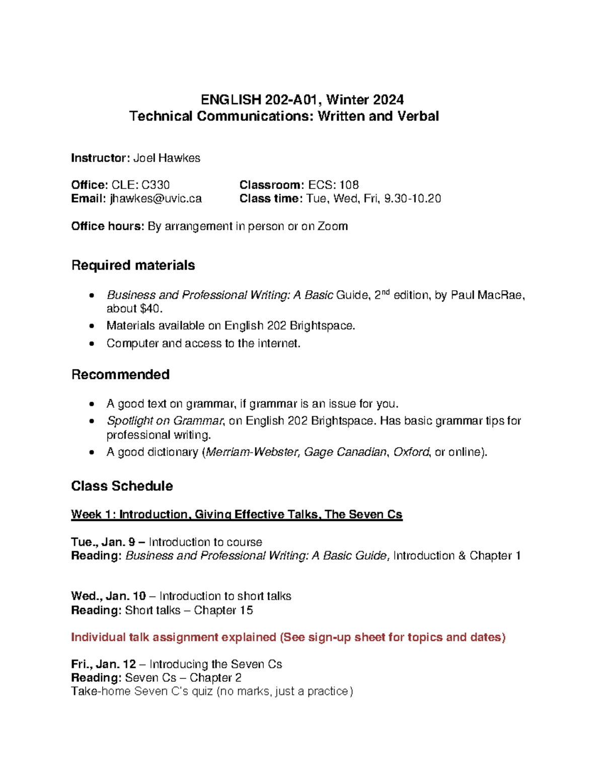 Course Outline, 202-A01 winter 2024 - ENGLISH 2 02 - A01, Winter 2024 ...