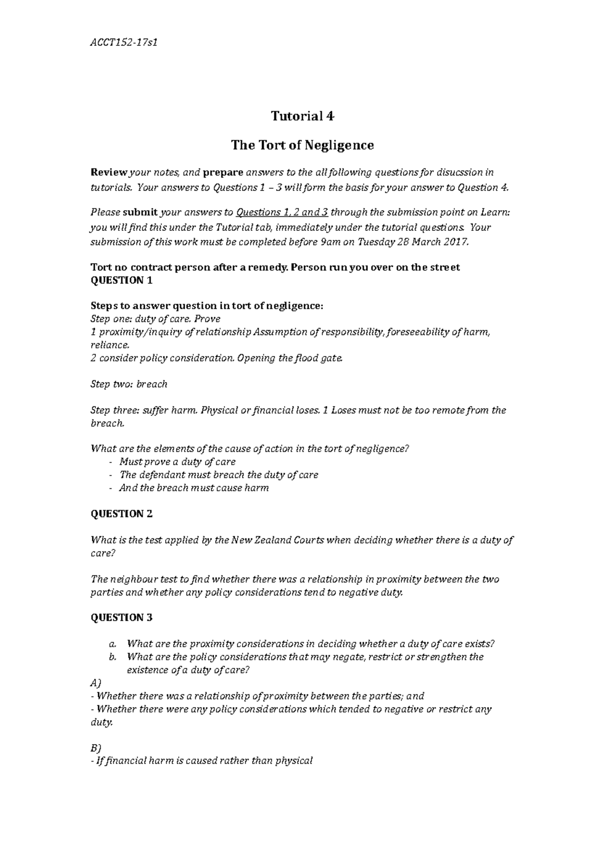Tutorial 4 Tort of Negligence - ACCT152-17s Tutorial 4 The Tort of ...
