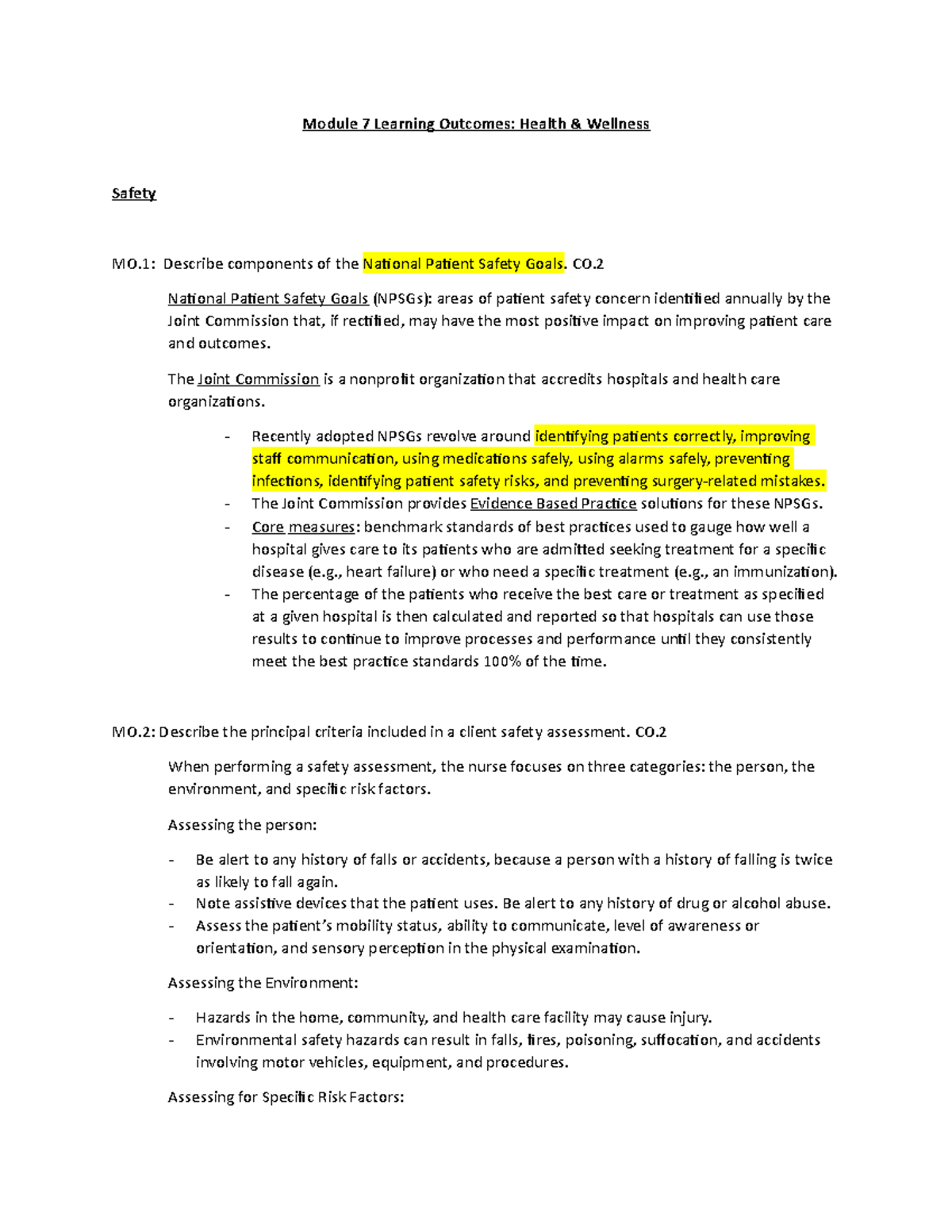 Module 7 Outcomes - Notes - Module 7 Learning Outcomes: Health ...
