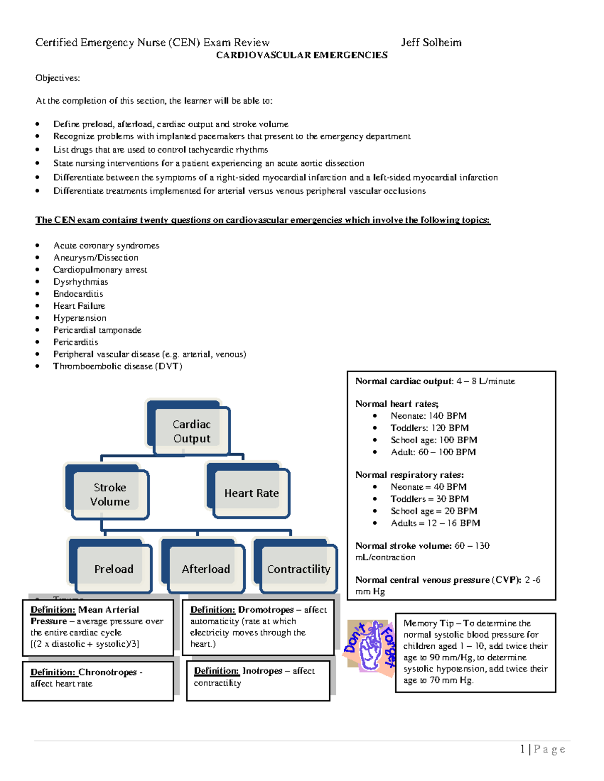 CEN2 Cardiovascular - cv notes - Cardiac Output Stroke Volume Preload ...