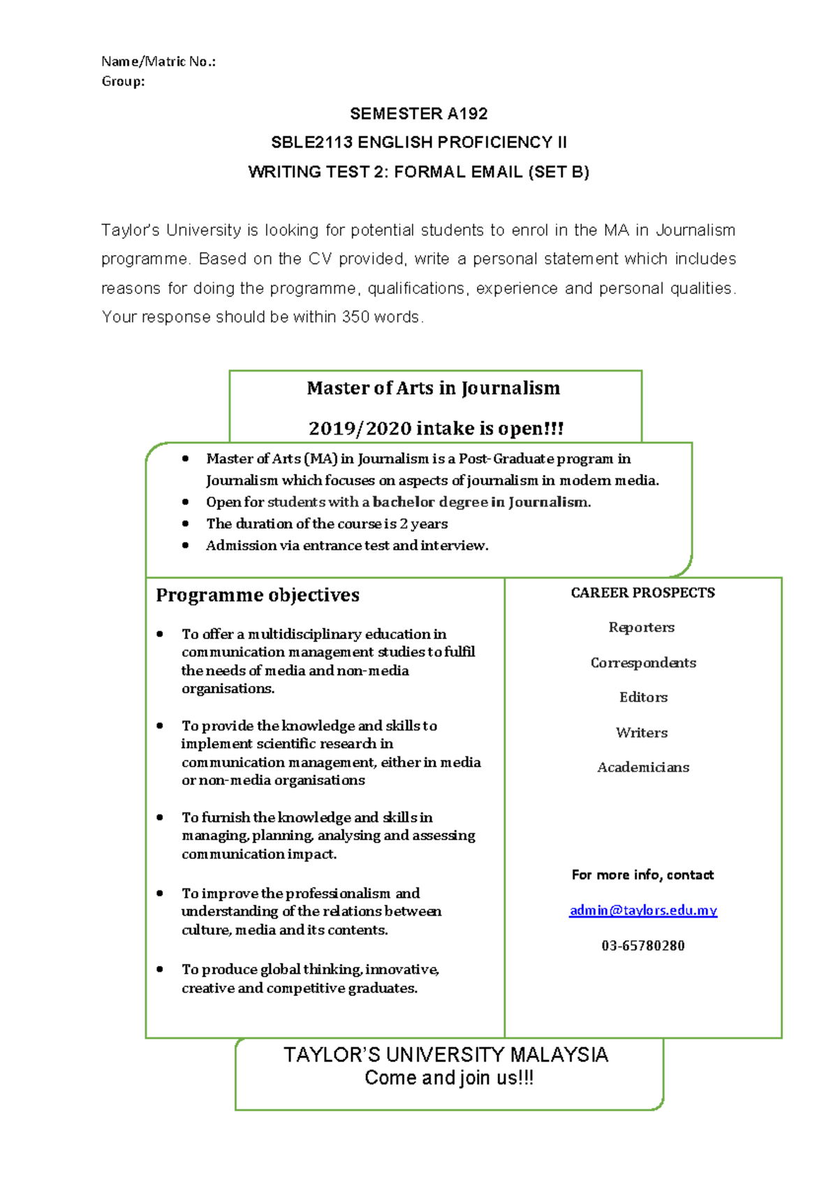 Sample Writing TEST SET B Formal Email - Name/Matric No.: Group ...