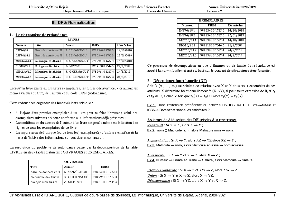 Chapitre 3 – DF et normalisation - Département d’Informatique Bases de ...