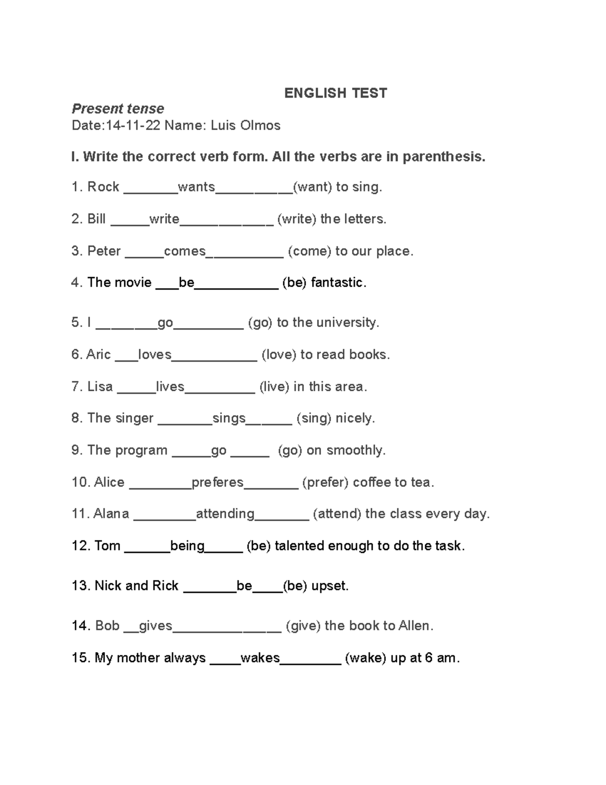 English TEST present tense UP - ENGLISH TEST Present tense Date:14-11 ...