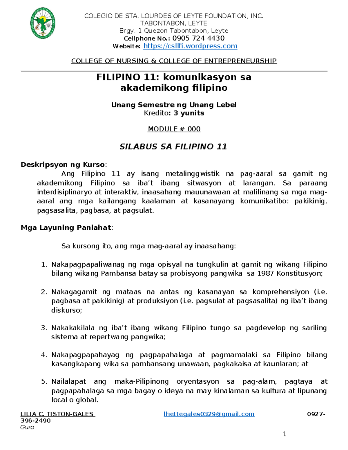 Module Komunikasyon sa Akademikong Filipino - COLEGIO DE STA. LOURDES ...