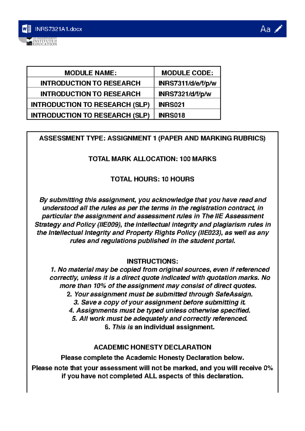A8E128D3 B973 445D B6F5 6EC004A850DA - 1 / 21 MODULE NAME: MODULE CODE: INTRODUCTION TO RESEARCH ...