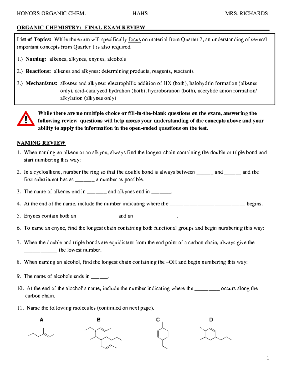 Final Review - helpful - ORGANIC CHEMISTRY: FINAL EXAM REVIEW List of ...