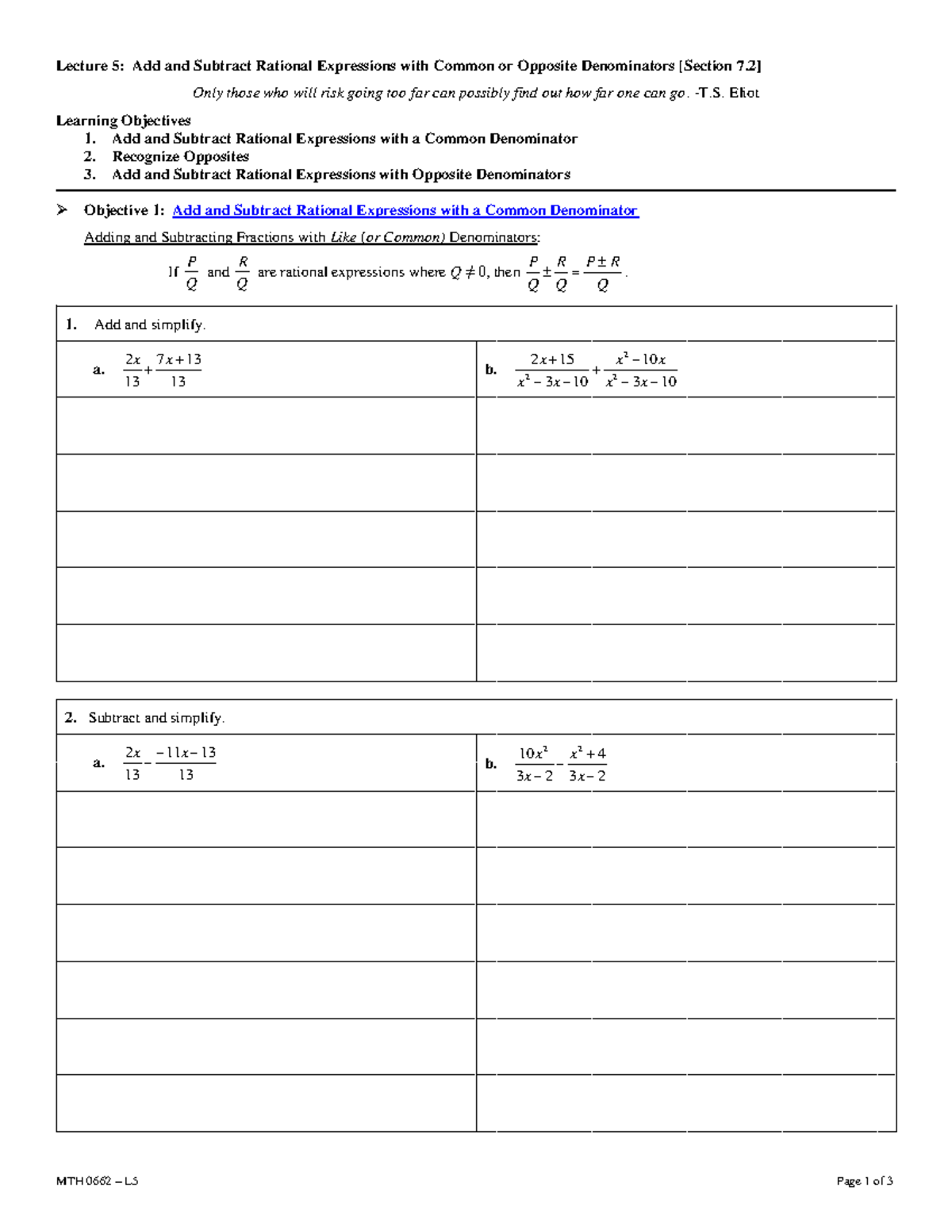 0662 - L5 - Add and Subtract with Common and Opposite Denominators ...