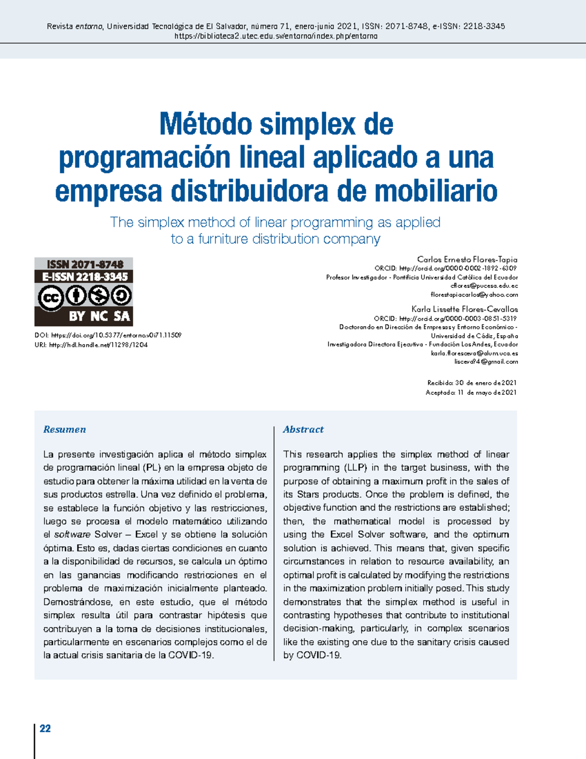 Entorno 71 Método simplex de programación lineal rd 2 - Revista entorno ...