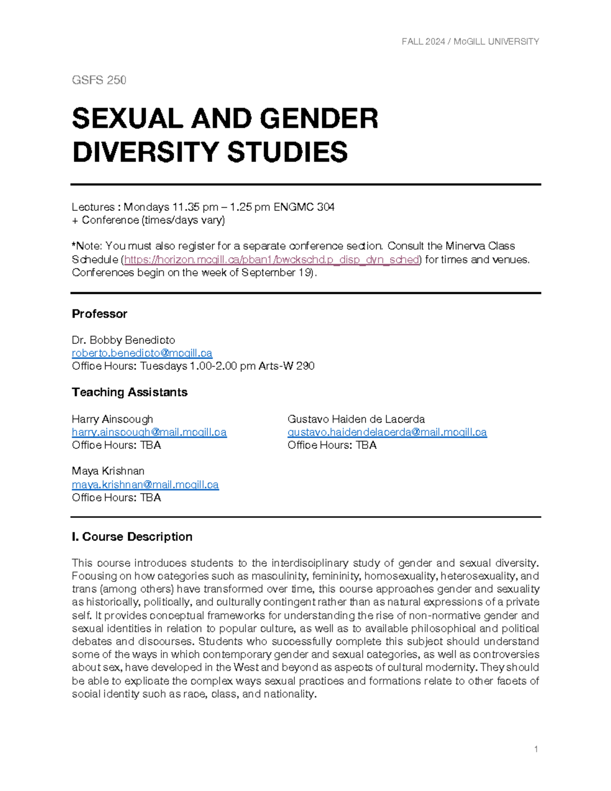 GSFS 250 syllabus (Fall 2024) - GSFS 250 SEXUAL AND GENDER DIVERSITY STUDIES Lectures : Mondays ...