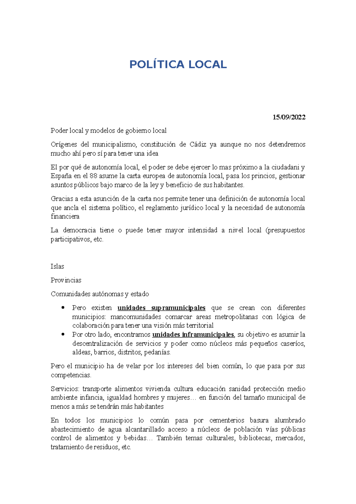 Apuntes - POLÍTICA LOCAL 15/09/ Poder local y modelos de gobierno local ...