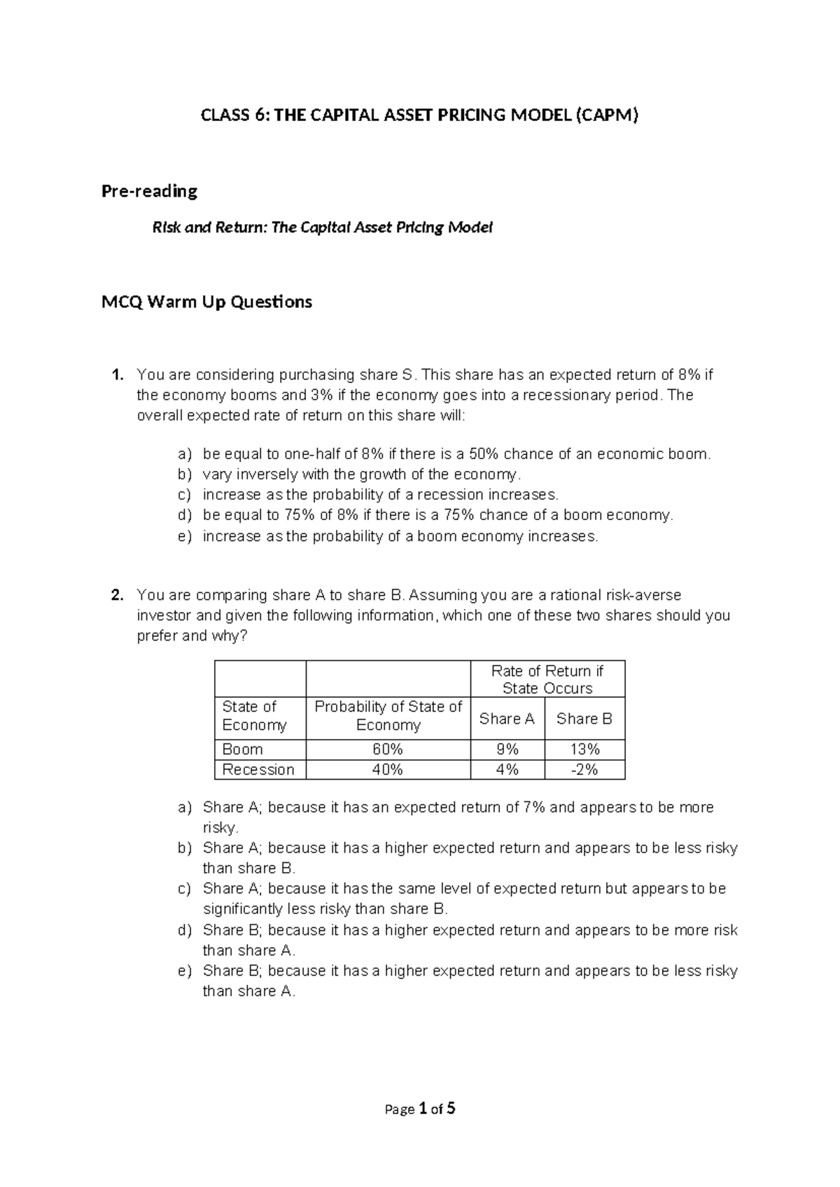 Class 6 Preparation - Seminar - CLASS 6: THE CAPITAL ASSET PRICING MODEL (CAPM) Pre-reading ...