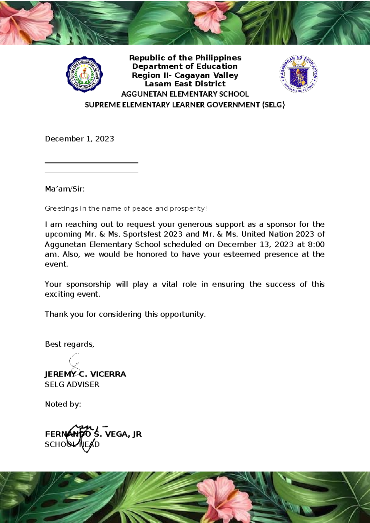 Solicitation Letter - Republic of the Philippines Department of ...