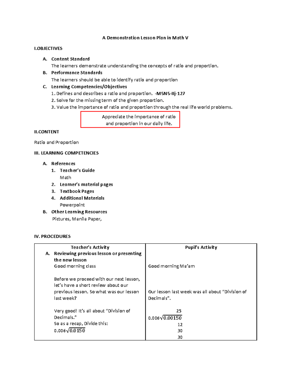 A Demonstration Lesson Plan in Math V - Content Standard The learners ...