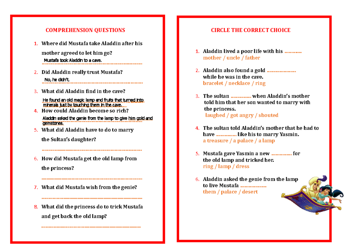 Aladdin video's worksheet - COMPREHENSION QUESTIONS 1. Where did ...