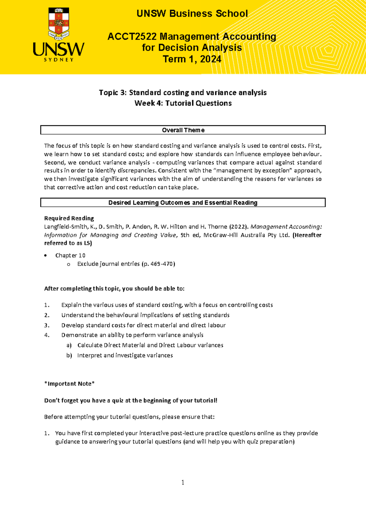 Topic 3 Standard Costing and Variance Analysis Tutorial Questions - 1 ...