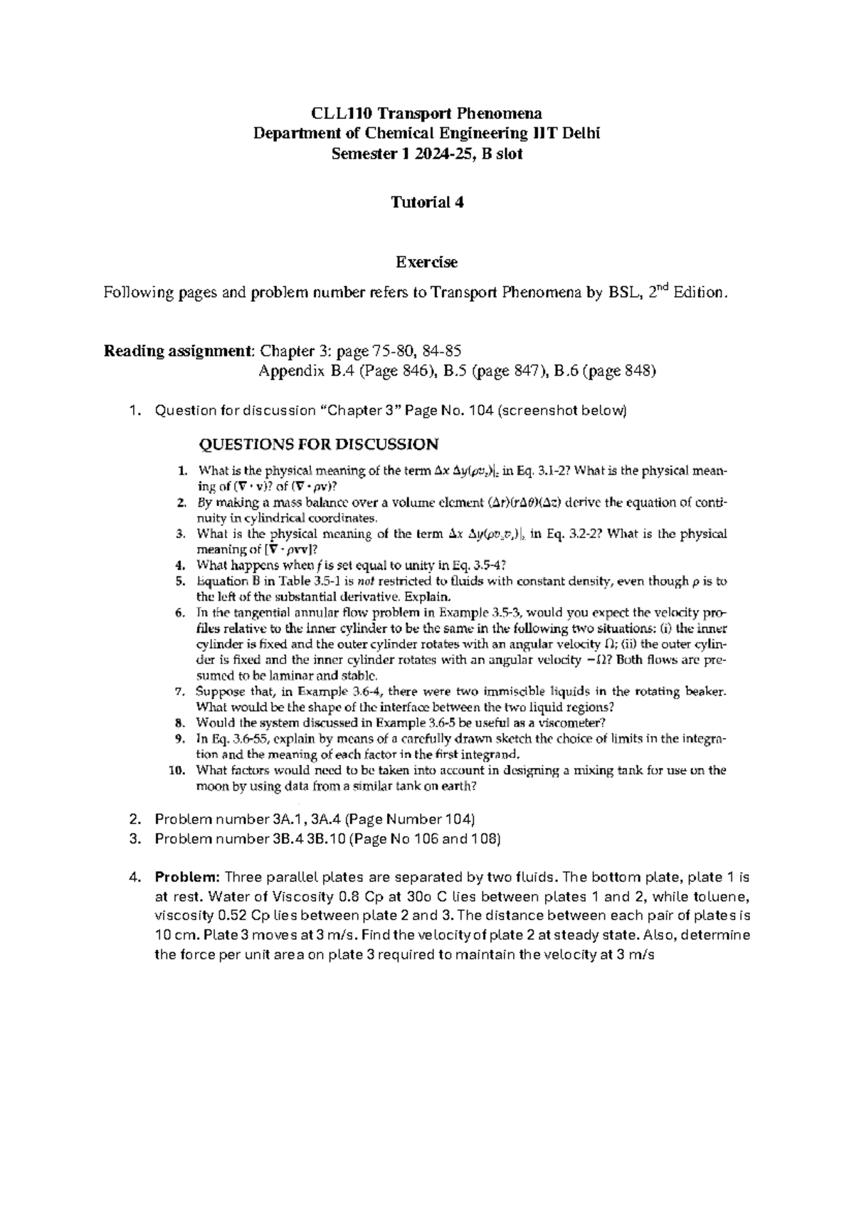 Tutorial Sheet 4 - CLL110 Transport Phenomena Department of Chemical ...