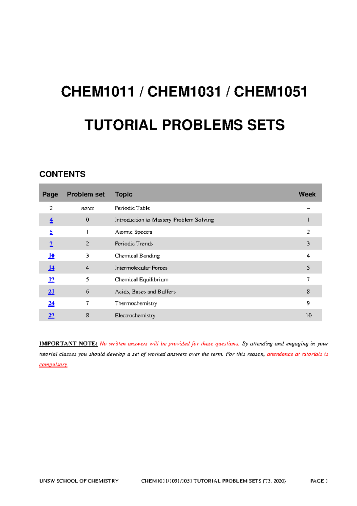 10113151 Tut Set T 320 - UNSW SCHOOL OF CHEMISTRY CHEM1011/1031/1051 TUTORIAL PROBLEM SETS (T3 ...