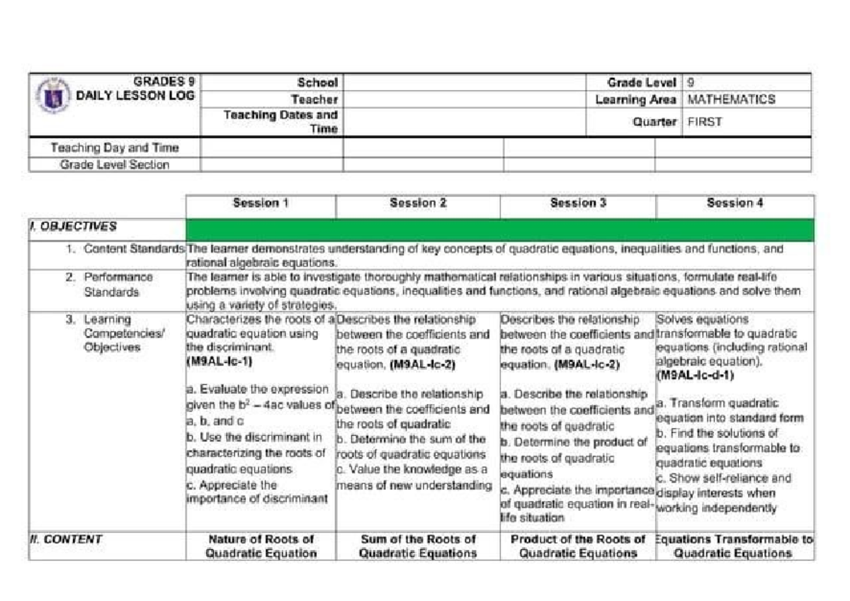 Slidesaver - dll - GRADES 9 School Grade Level 9 DAILY LESSON LOG ...