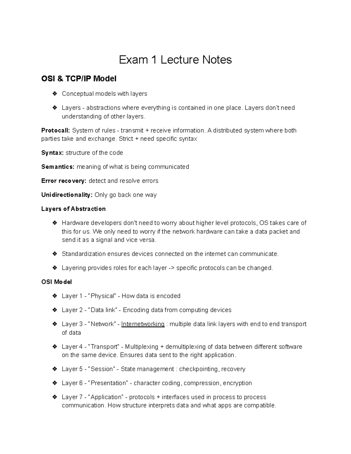 Exam 1 Notes - Exam 1 Lecture Notes OSI & TCP/IP Model Conceptual ...