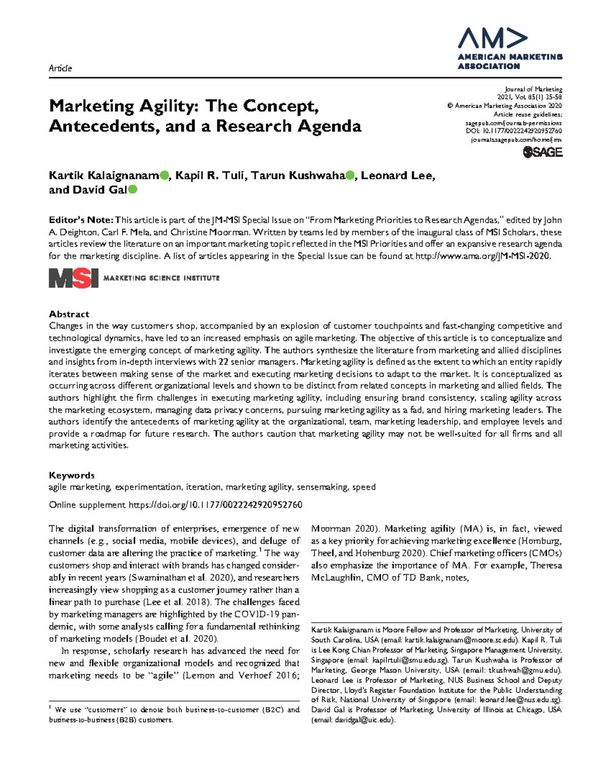 Kalaignanam, K. et al (2021). Marketing Agility The Concept ...