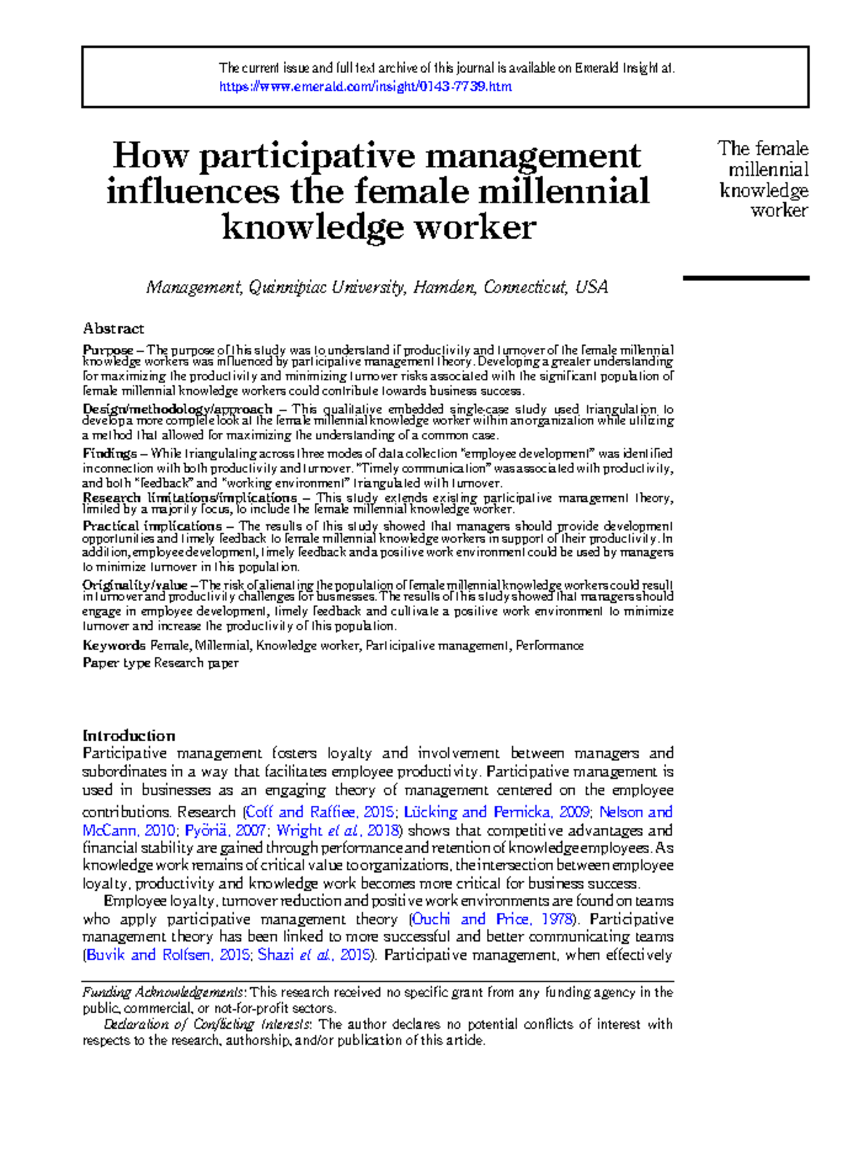 How participative management influences the female millennial knowledge ...