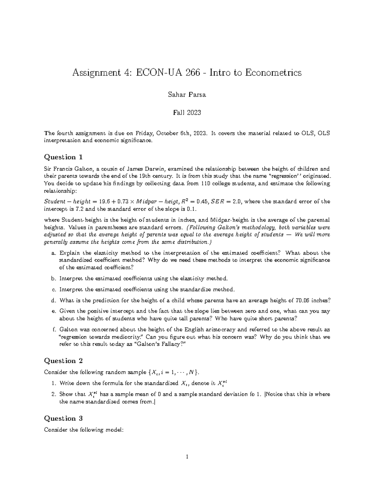 Assignment 4 - milko - Assignment 4: ECON-UA 266 - Intro to Econometrics Sahar Parsa Fall 2023 ...