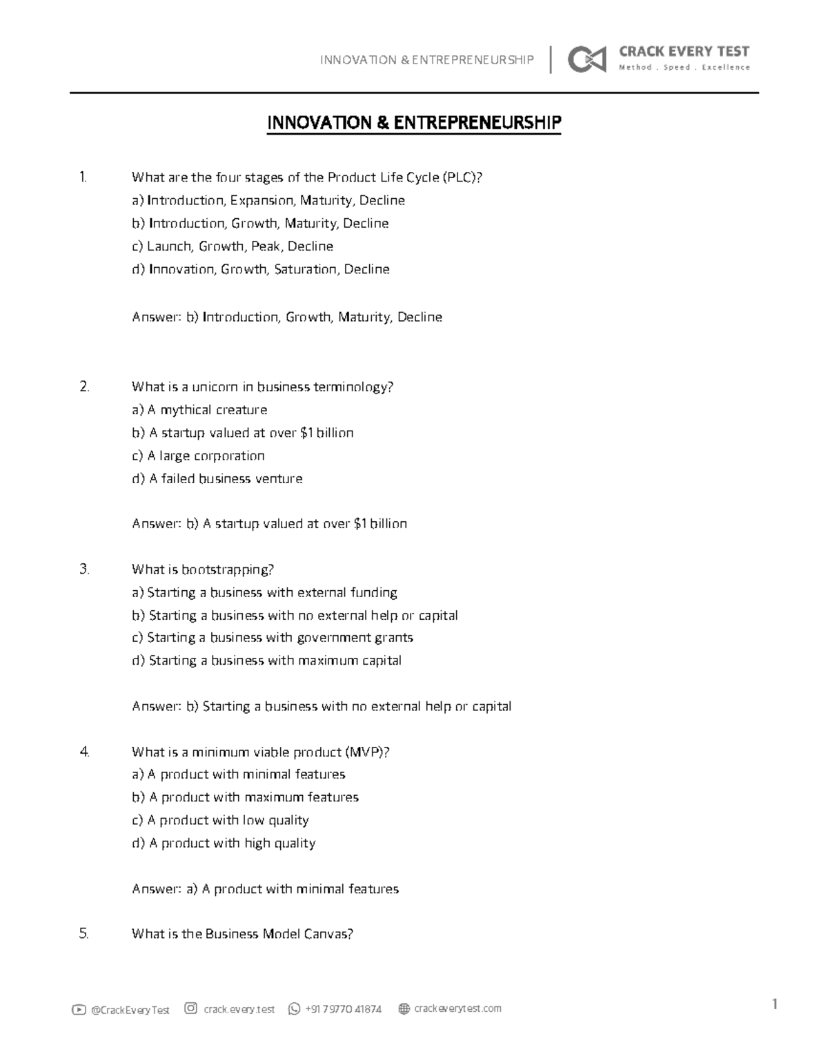 Crack Every Test Innovation and Entrepreneurship MCQ Compendium ...
